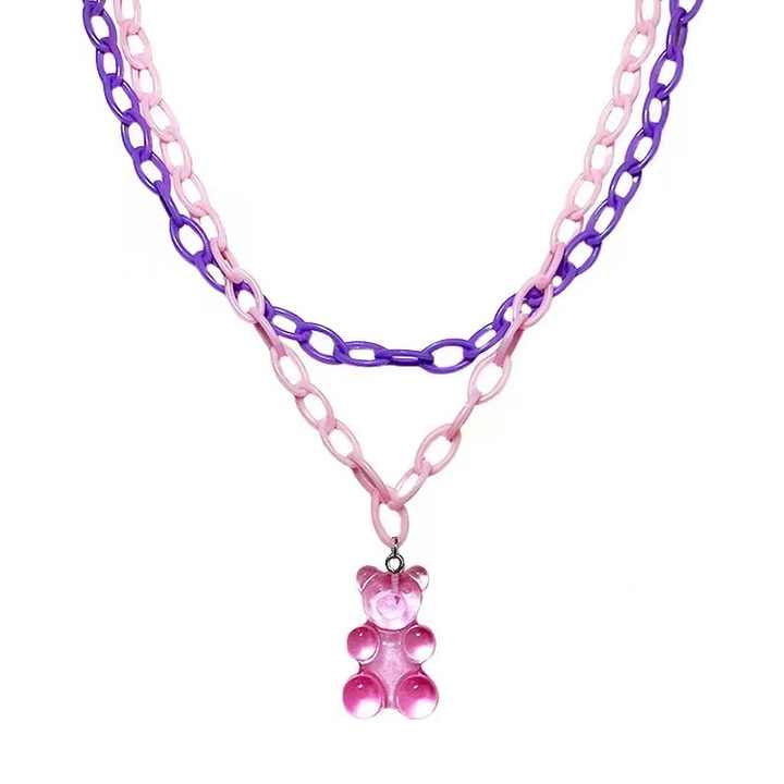 Cute Pink Plastic Acrylic Gummy Bears Double Layer Necklaces Fashion ...