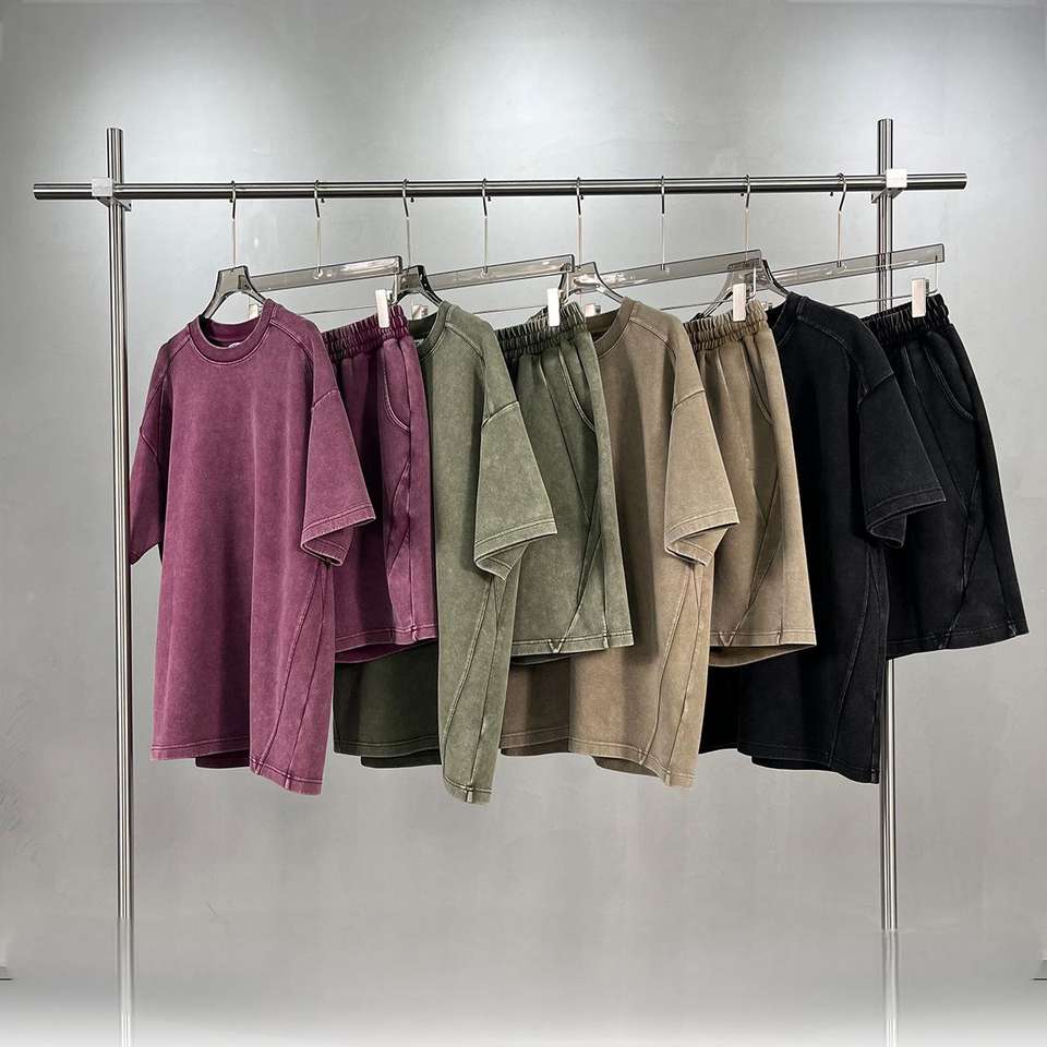 Custom logo Design Two Piece Mens Summer Suit 2 Piece Acid Wash Shorts ...