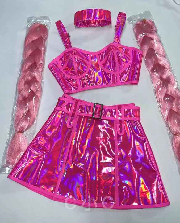 Club Party Carnival Rave Outfit - Pink Laser Tops Skirt