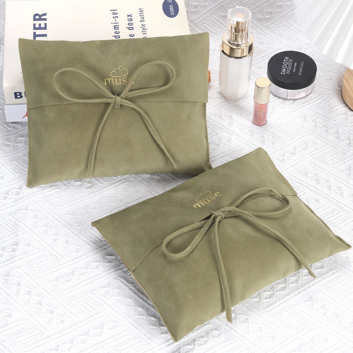 Green Velvet Pouches - Custom Logo Drawstring Bags