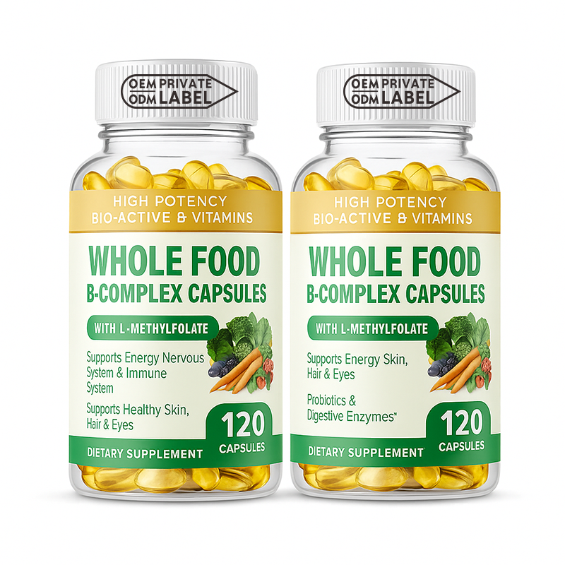 Whole Food B Complex Capsules Vitamin B1 B2 B6 B12 Folate Supplement ...