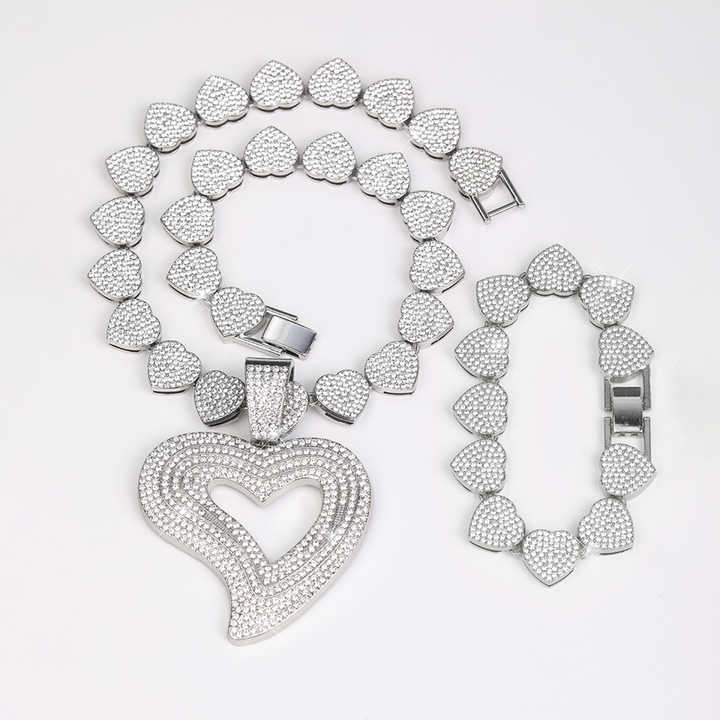 Iced Out Bling Large Hollow Heart Pendant Necklace for Women