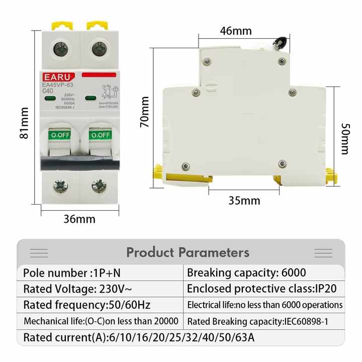 AC Type 230V 50/60HZ Mini Circuit Breaker Overvoltage and Undervoltage ...