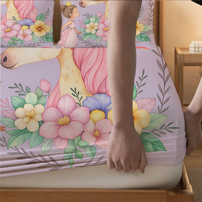 3Pcs Kids Unicorn & Princess Printed Fitted Sheet Set, Girls Cute ...