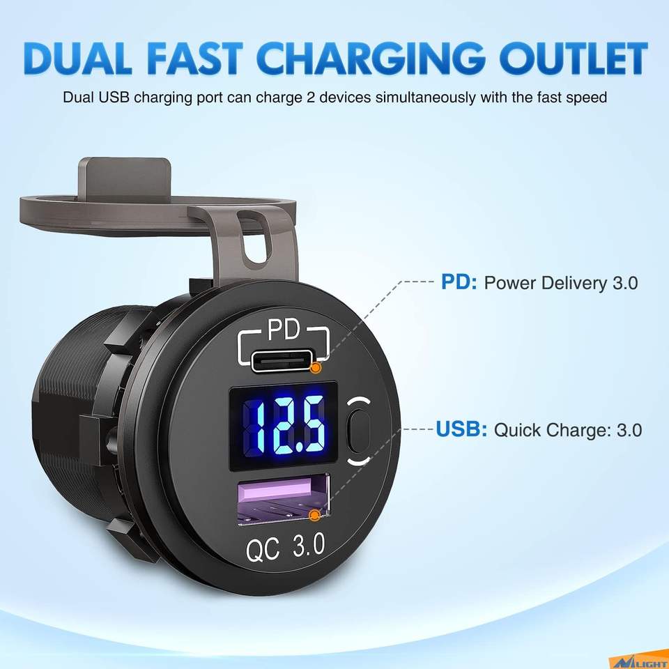 USB Socket PD Type C QC 3.0 Fast Charging 12V 24V Car Outlet Voltmeter ...