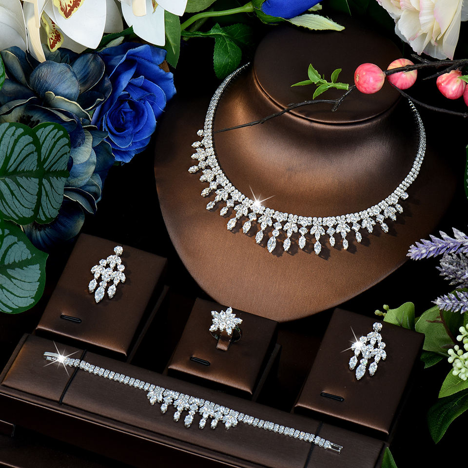 Simple Style Wedding Party Jewelry Set 4PCS CZ Shiny Cubic Zirconia ...