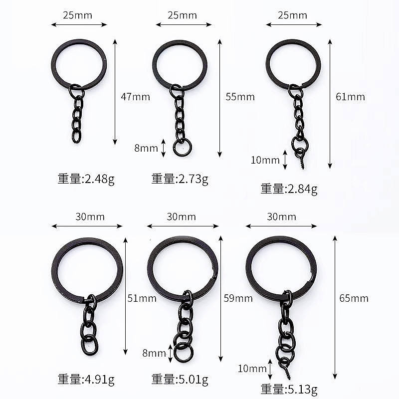 25-35mm Black Metal Flat Key Chains Kit Split Key Rings with Chain Jump ...