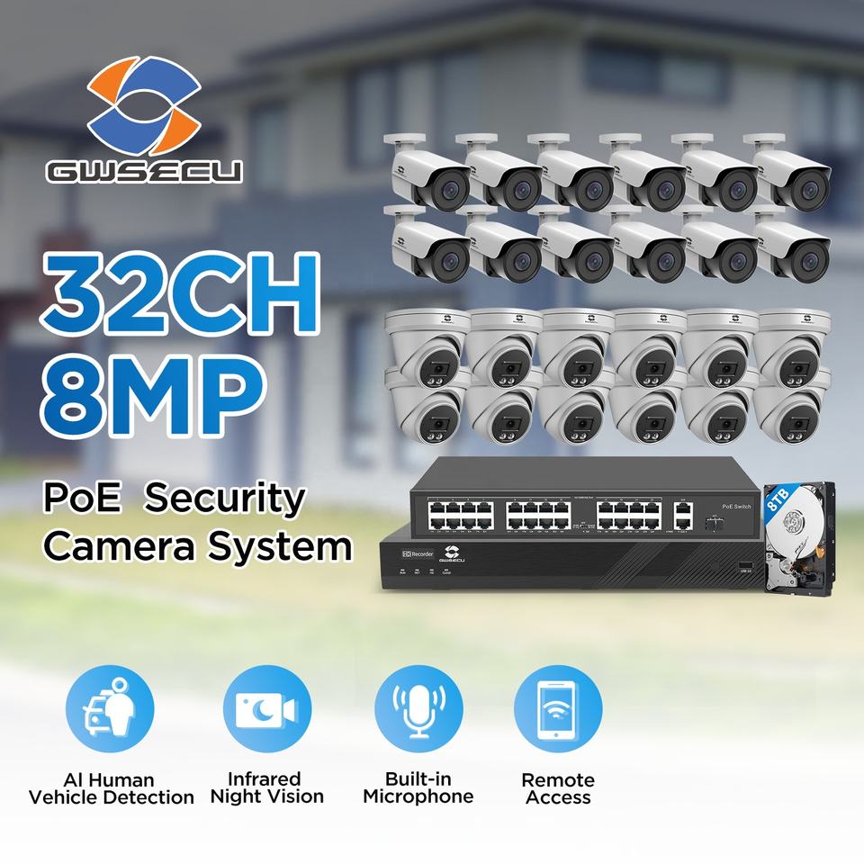 GWSECU 32 Channel Nvr Cctv Camera System 4k 8TB HDD 24x 8Mp AI Face ...