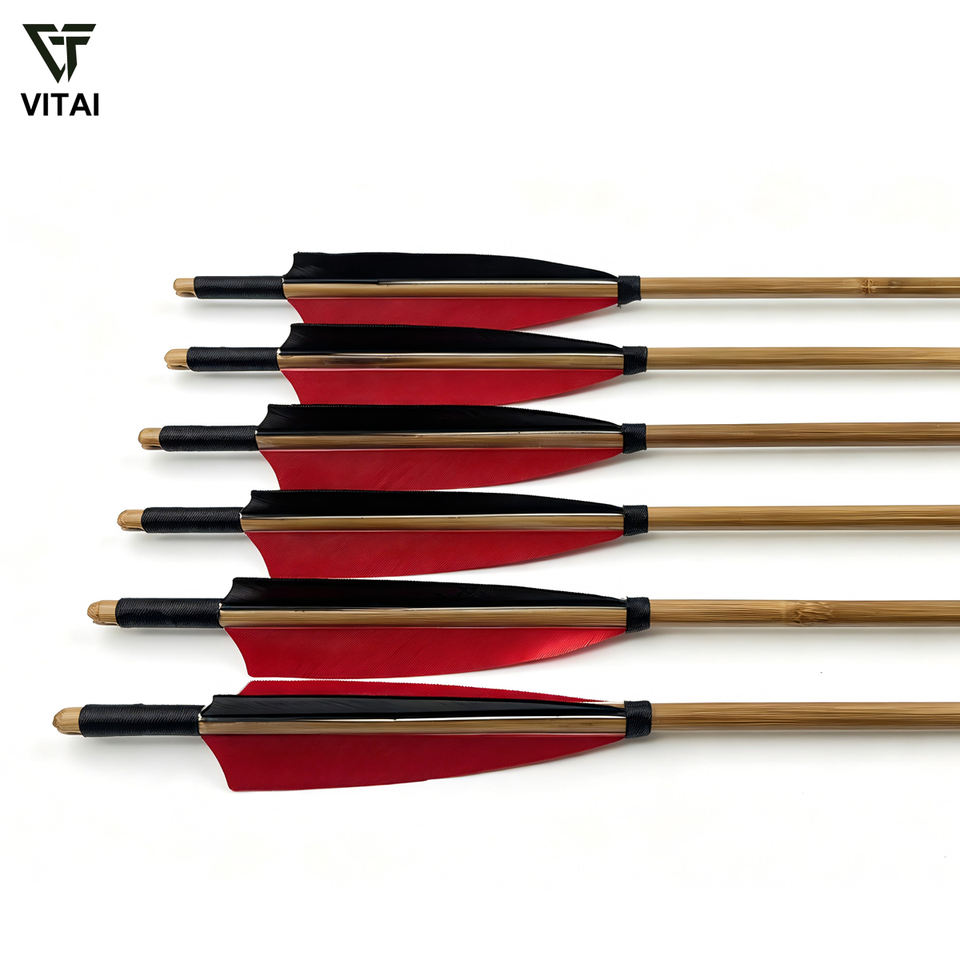 Classic Bamboo Archery Arrows with Metal Wrapped Tip Red Black Feather ...