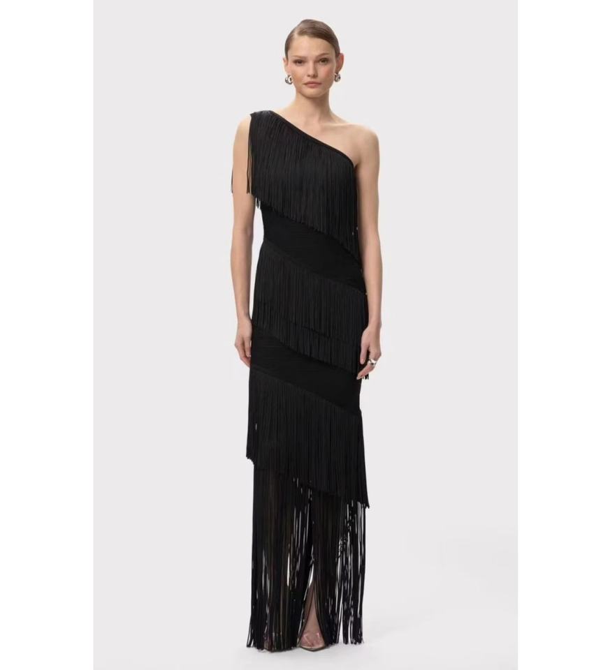 Seven Color 2026 Ramadan Black one shoulder fringe bandage dress ...