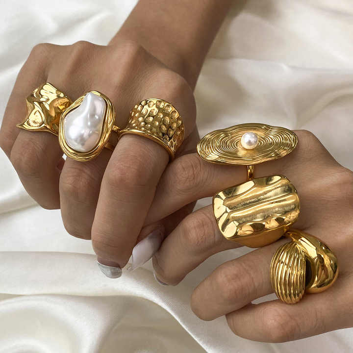 Exaggerated Chunky Big Baroque Pearl Rings - 18K Gold Plated