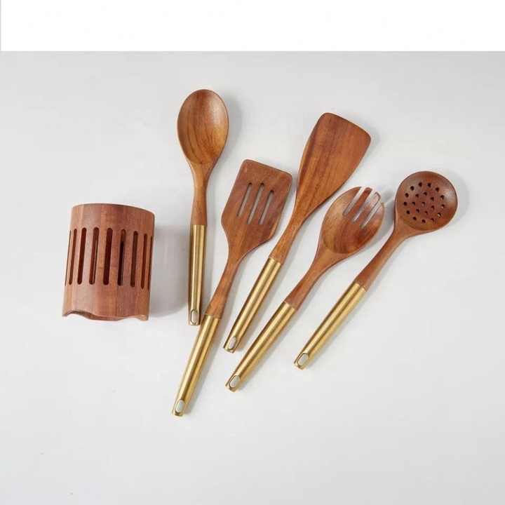 New Design Teak Wood Kitchen Utensils Set with Gold Stainless Steel ...