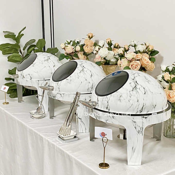 Luxury Buffet Equipment Stainless Steel Gold Glass Chafing Dish Roll Top Hydraulic Chaffing ...