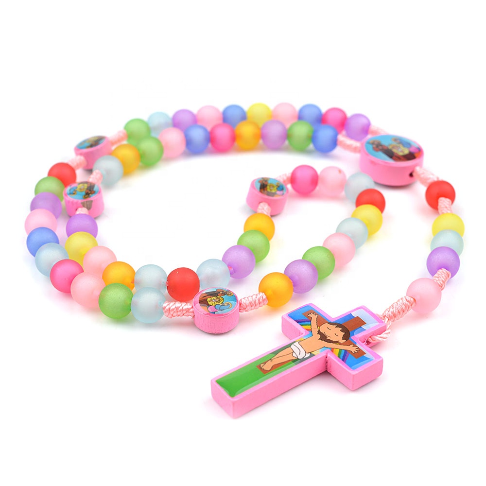 Child Pink Cartoon Acrylic Catholic Rosary Necklace for Kids | 20inch ...