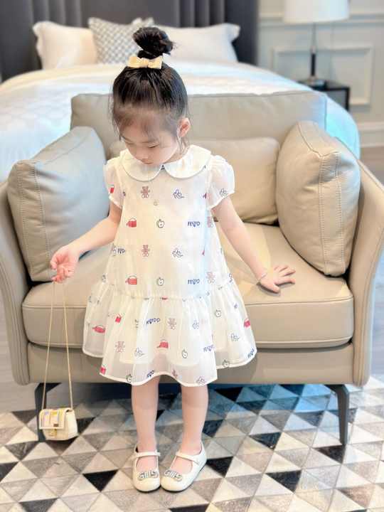 RUNTEN 2024 summer Casual Baby Girls Clothes Dress Girls Print Chrrry Korean Dress Kids Toddler Summer