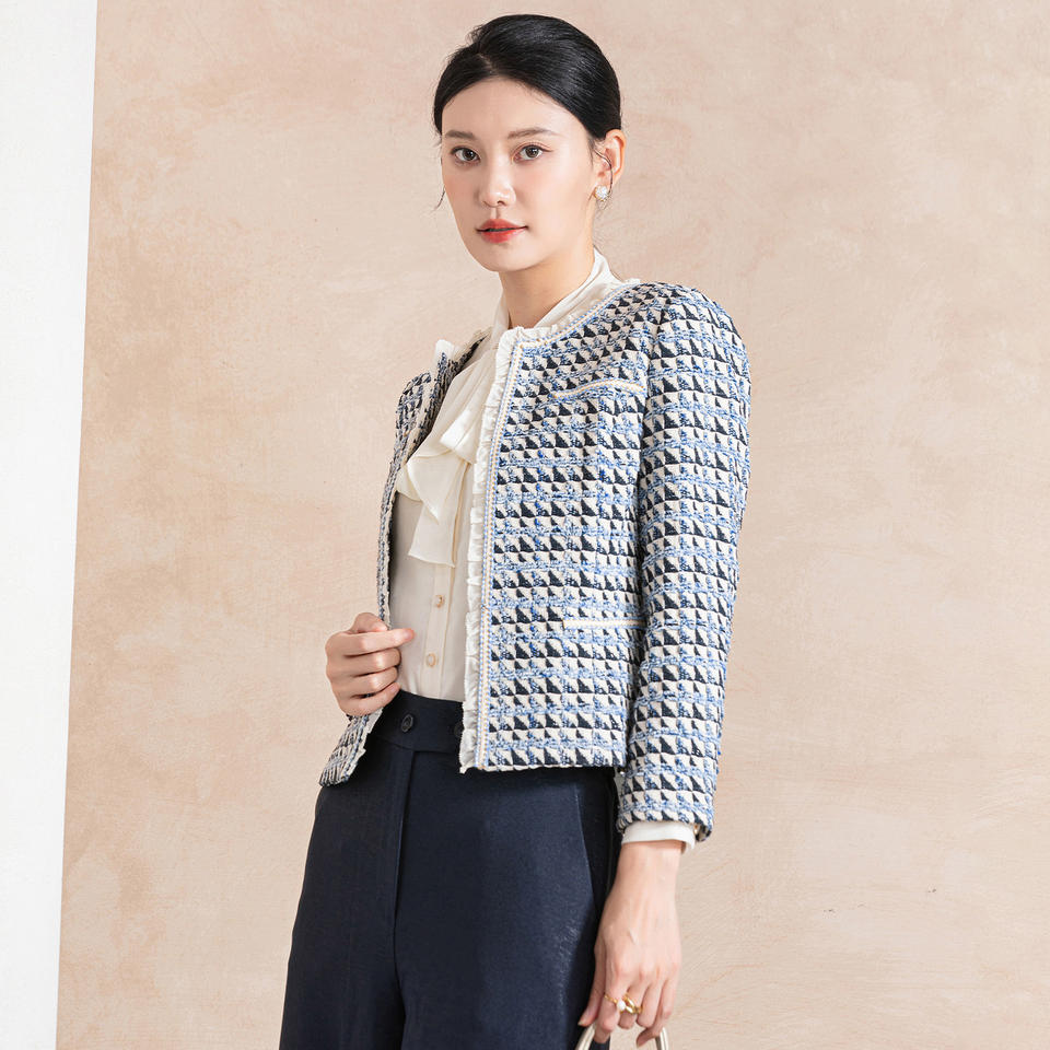 Women's Spring/Autumn Woven Short Tweed Houndstooth Elegant Blazer with ...