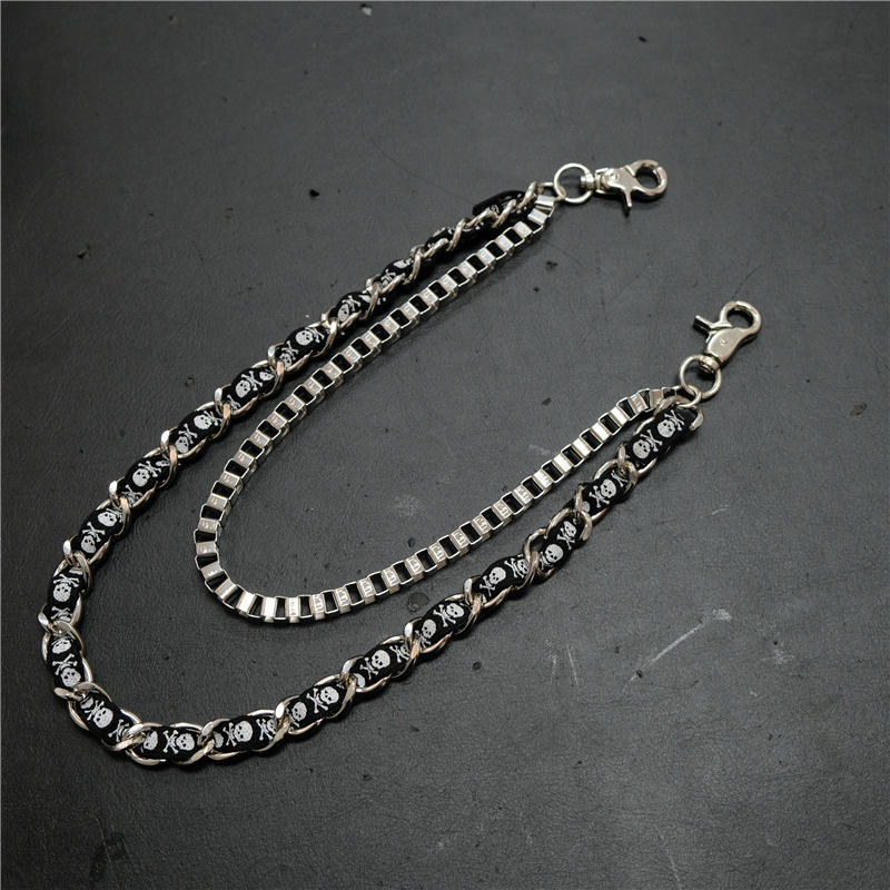 JULUN Jean Chain Skull Print Fabric Patchwork Double Layer Metal Chain ...