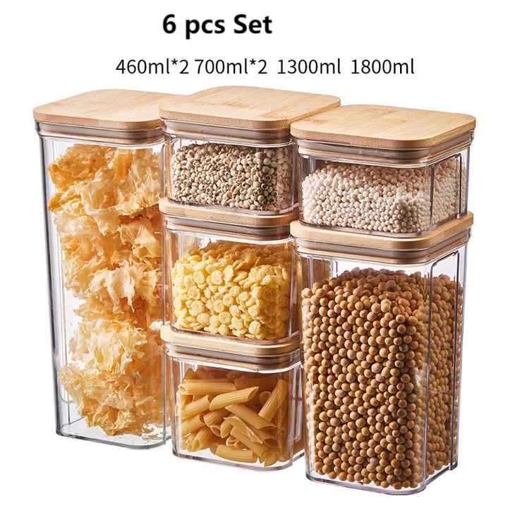 1800ml Clear Square Kitchen Canisters Airtight Bamboo Lid Stackable ...
