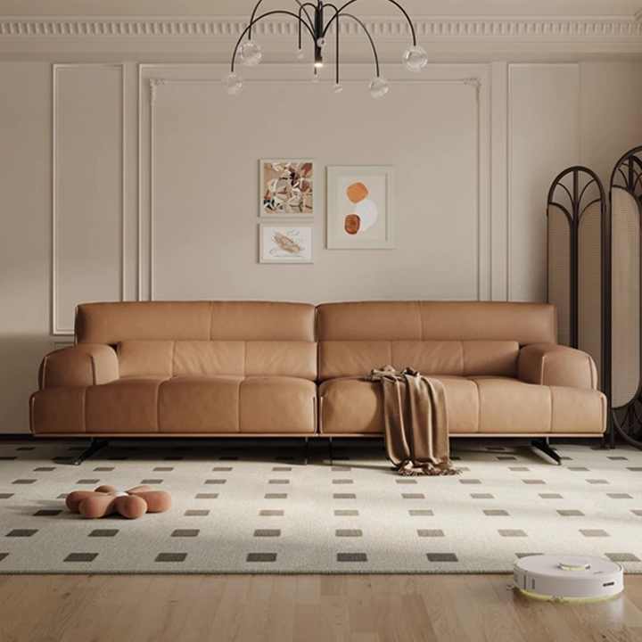 French Retro Caramel Leather Sofa Small Apartment Straight Row Three ...