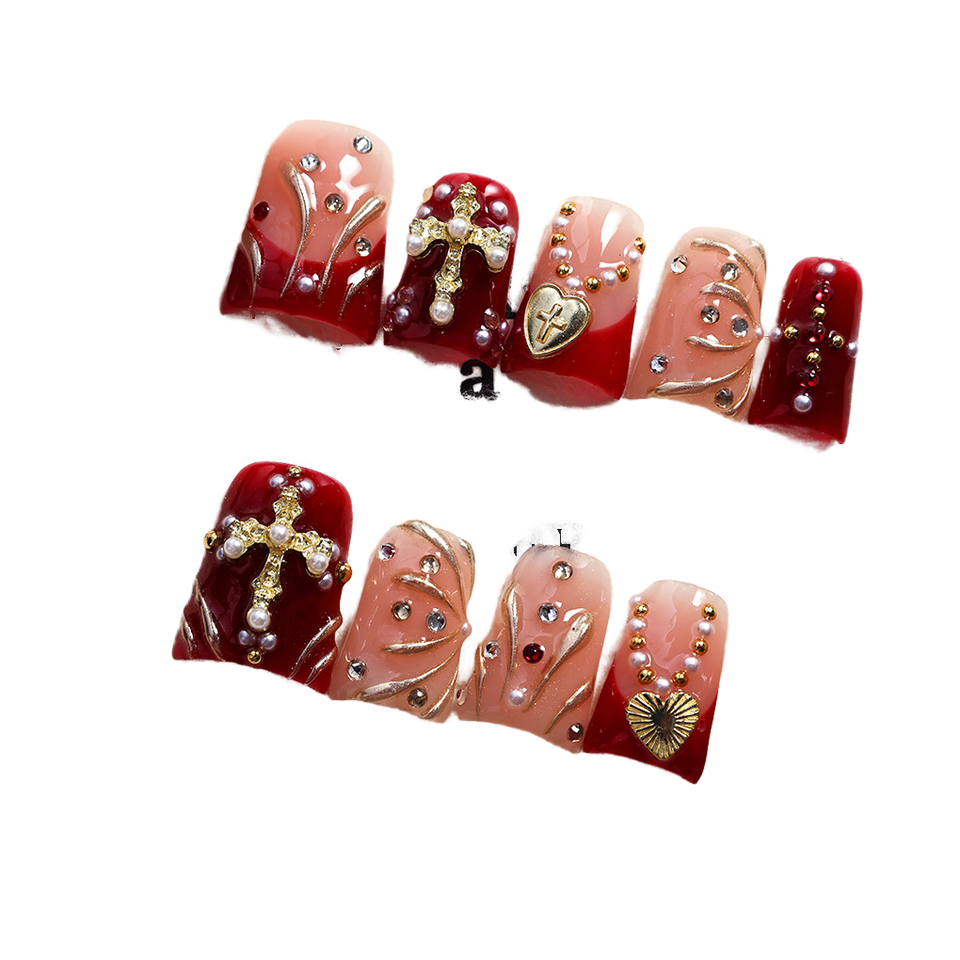 Short Duckbill Press on Nails Dark Red French Gold Cross Handmade ...
