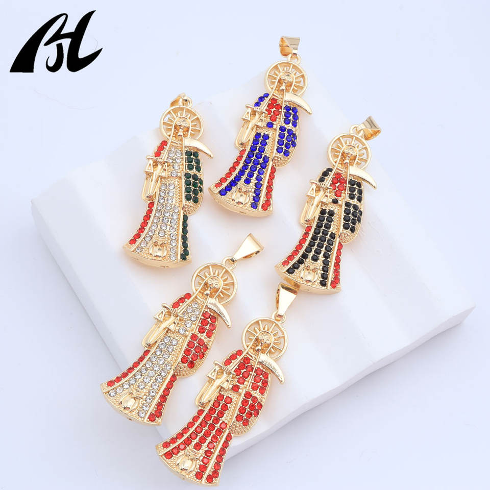 L-835 Santa Muerte Pendant, Colorful Gemstone Inlay, Gold Amulet ...