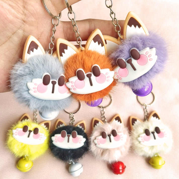 Plushie Japanese Lucky Fortune Fluffy Fur Ball Bell cat Puff Keychain ...