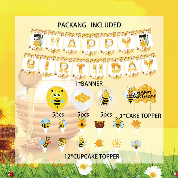 Cute Cartoon Yellow Bee Happy Birthday Banner Cupcake Top Balloon ...