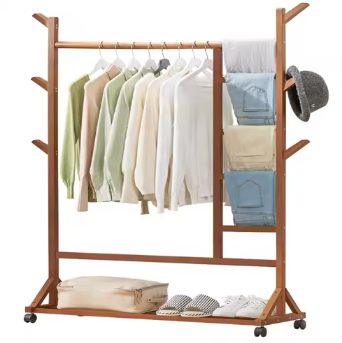 Versatile Large Capacity Storage Natural Wooden Coat Rack Mobile ...