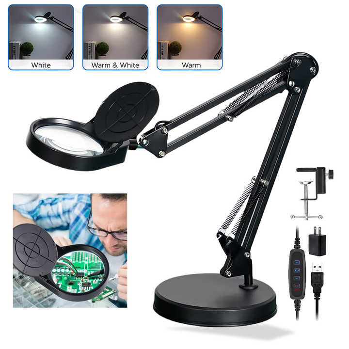 2-in-1 LED Lighted Desk Magnifier with Light, Craft Light Lamp with 3 ...