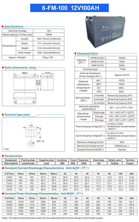 6-EVF-100 12V100AH 12 Volt Deep Cycle Battery 100 Ah Solar Battery Lead ...