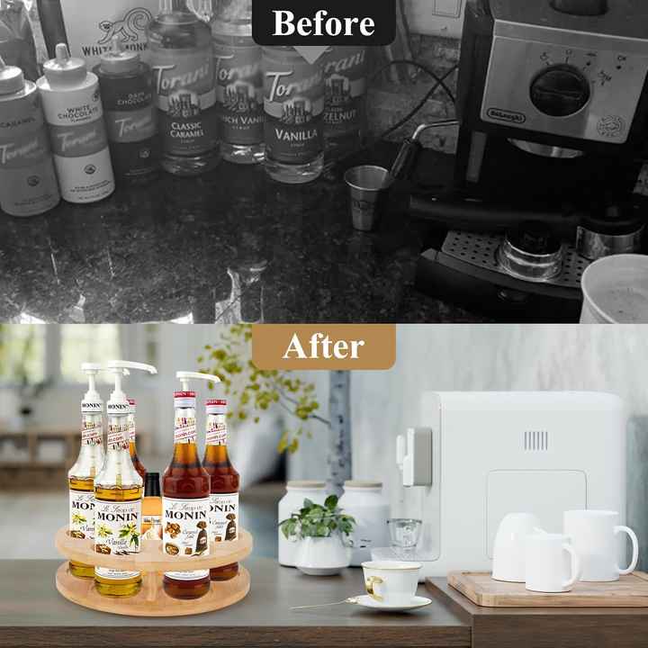 7 Bottles Coffee Capacity Syrup Storage Rack Wooden Rotating Countertop ...