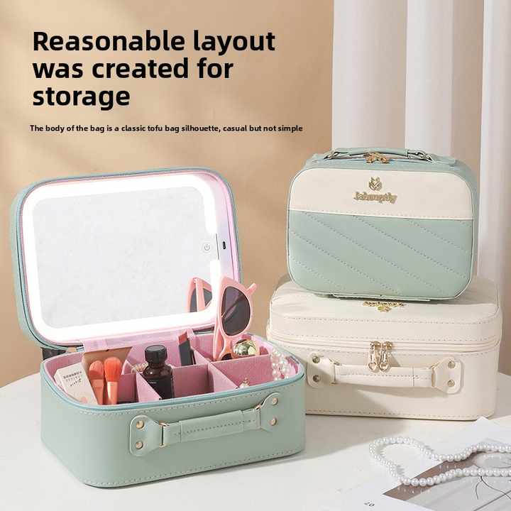 Large-Capacity Portable Makeup Box with Zipper Closure and LED Mirror ...