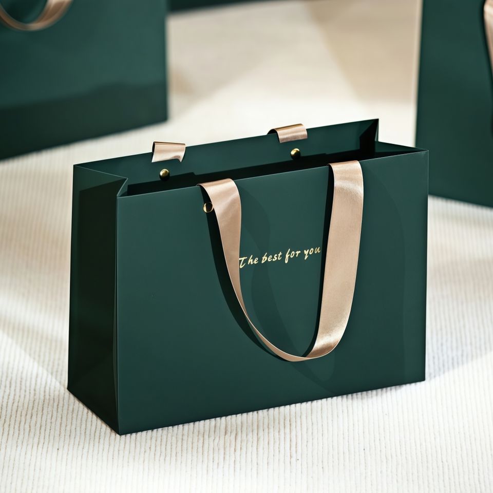 Custom Premium Green Paper Shopping Bag With Ribbon Handle Rigid ...