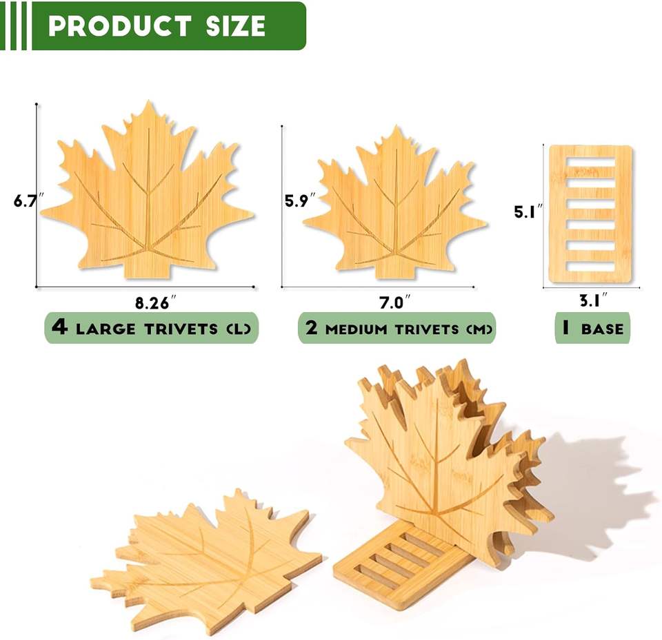 Maple Leaf Design Bamboo Trivets for Hot Dishes Large Non-Slip Heat ...