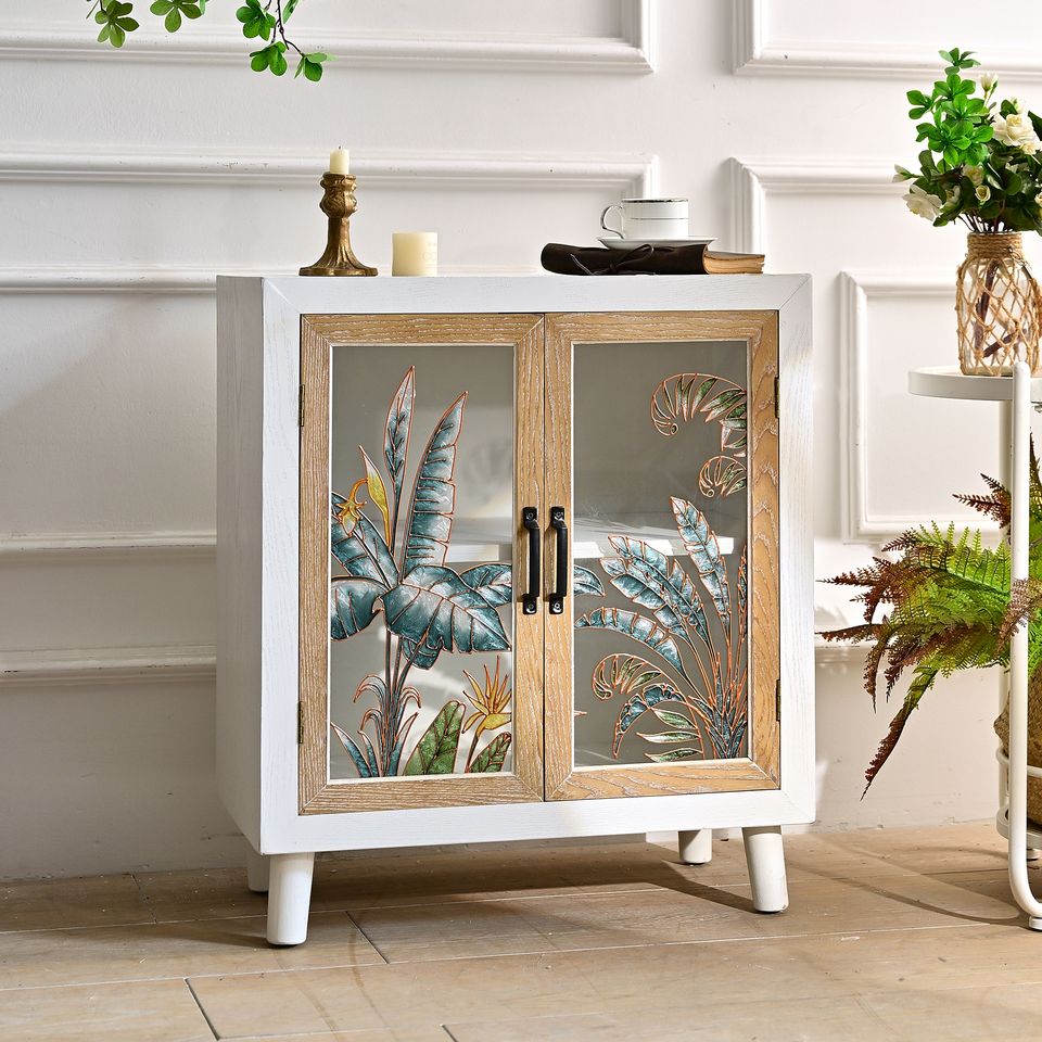 INNOVA Home Living Room Furniture Wooden Glass Flower Design Door ...