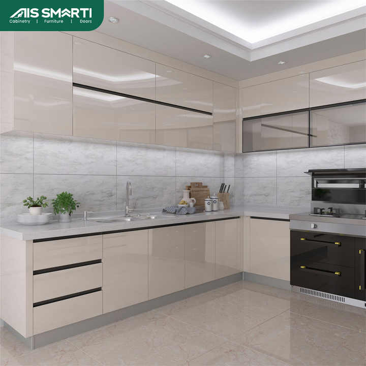 AIS 2025 Modural High White Gloss Kitchen Furniture Modern Solid Wood Custom Luxury PET Kitchen ...