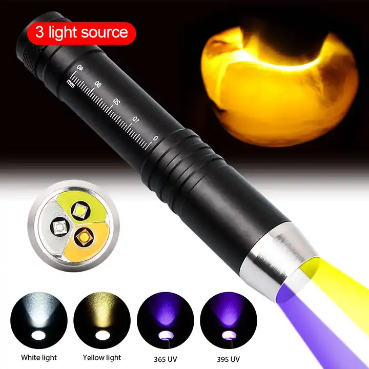 Portable LED Flashlight White/yellow/UV Light 395nm Blacklight LED Pen Torch for Gem Amber Jade ...