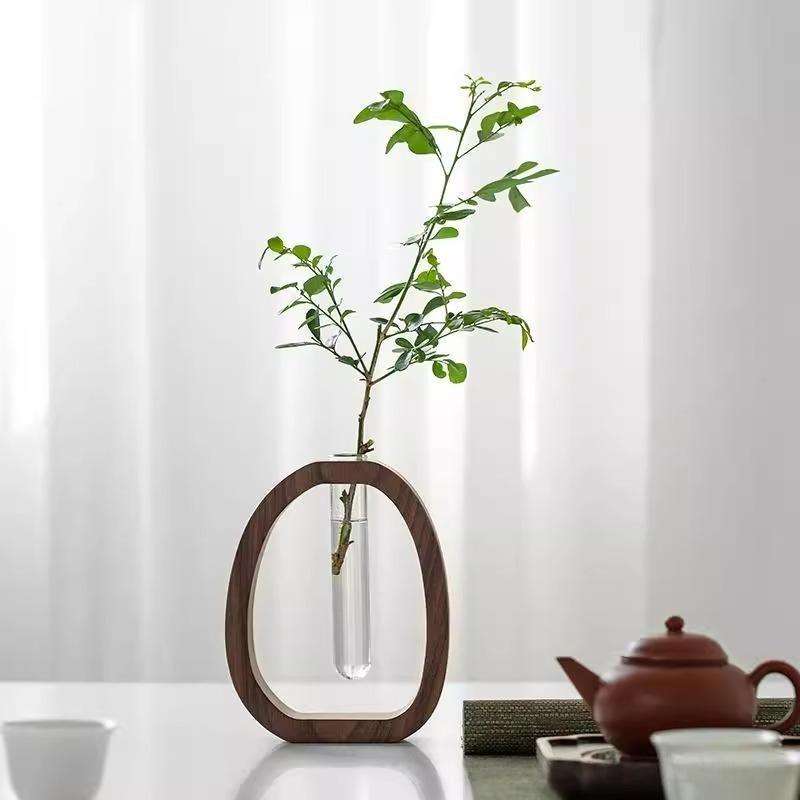Modern Asian Zen Style Walnut Wood & Glass Hydroponic Tabletop Vase ...