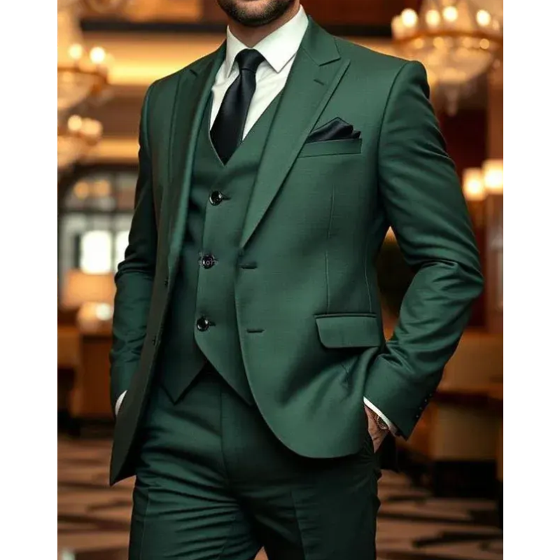 Tailor Made Men Suits Green Single Breasted Peaked Lapel Formal Wedding ...