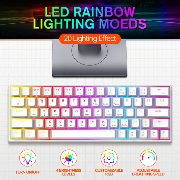 T-WOLF T60 Wired 60% Mechanical Keyboard - RGB Backlit, Hot Swappable ...