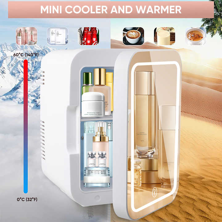 Mini Skincare Fridge with Mirror & LED Light, Compact Makeup Refrigerator