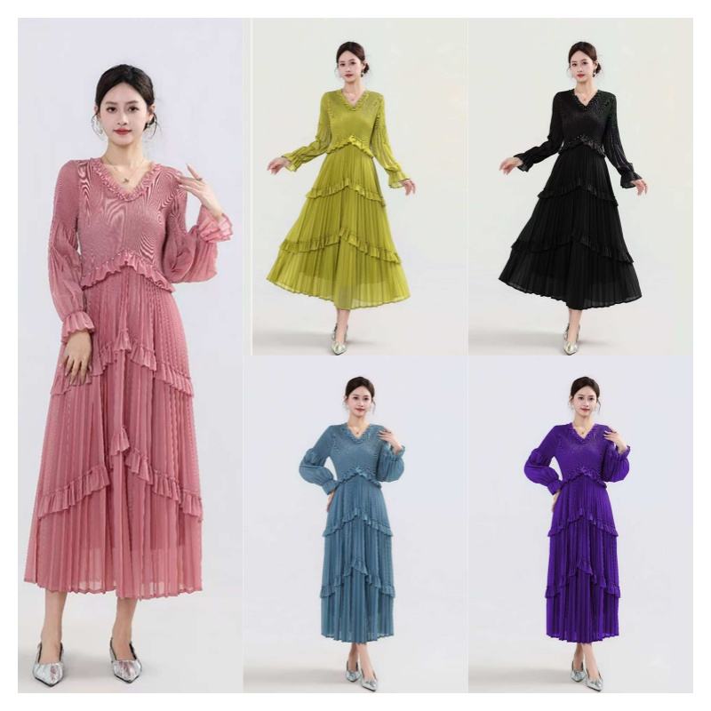 Factory Direct 2025 A/W Fashion Solid Color Pleated V-Neck Dress ...