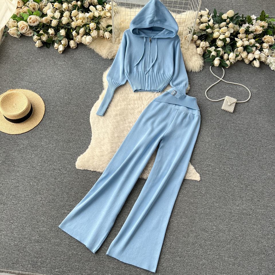 Autumn 2 Piece Set for Women Top and High Waist Solid Knitted Pants Set ...