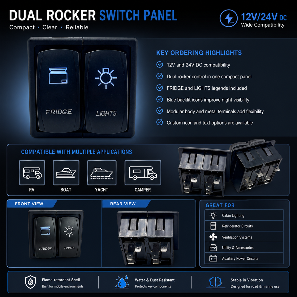 2 Gang Dual Rocker Switch Blue LED FRIDGE LIGHTS for RV Marine Car ...