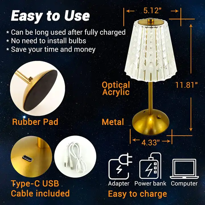 Modern 5W Cordless Rechargeable Crystal Table Lamp