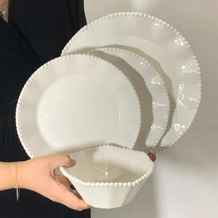 Elegant White Beaded Edge Ceramic Plates - Sustainable Dinnerware