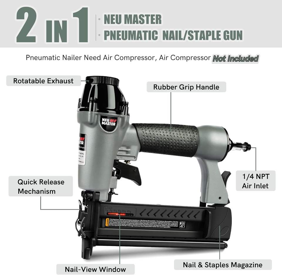NEU Master 2-in-1 Pneumatic Nail Gun - 18 Gauge Brad Nails