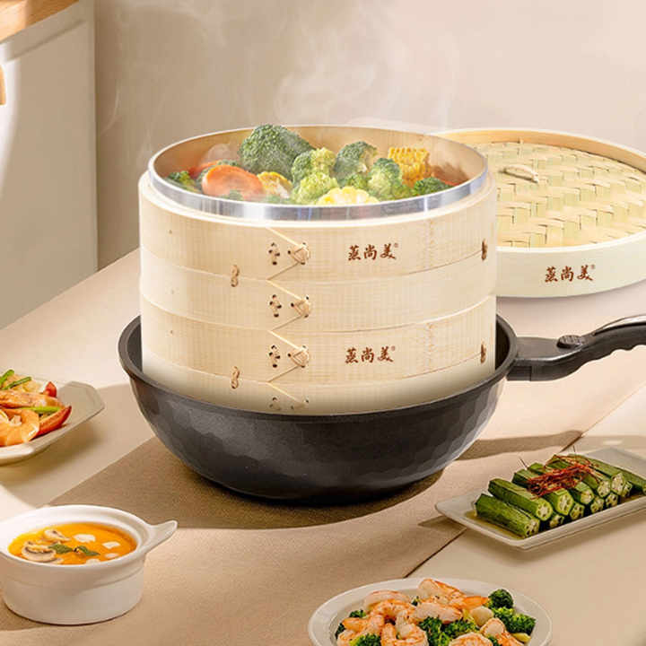JUSEN Chinese Bamboo Steamers Set Reinforced with Metal Rings for Food ...