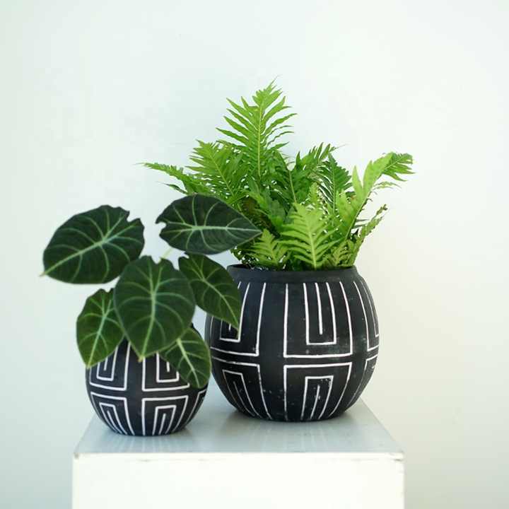 Traditional Design Ball Shape Cement Green Black Vintage Flower Pot 2 ...