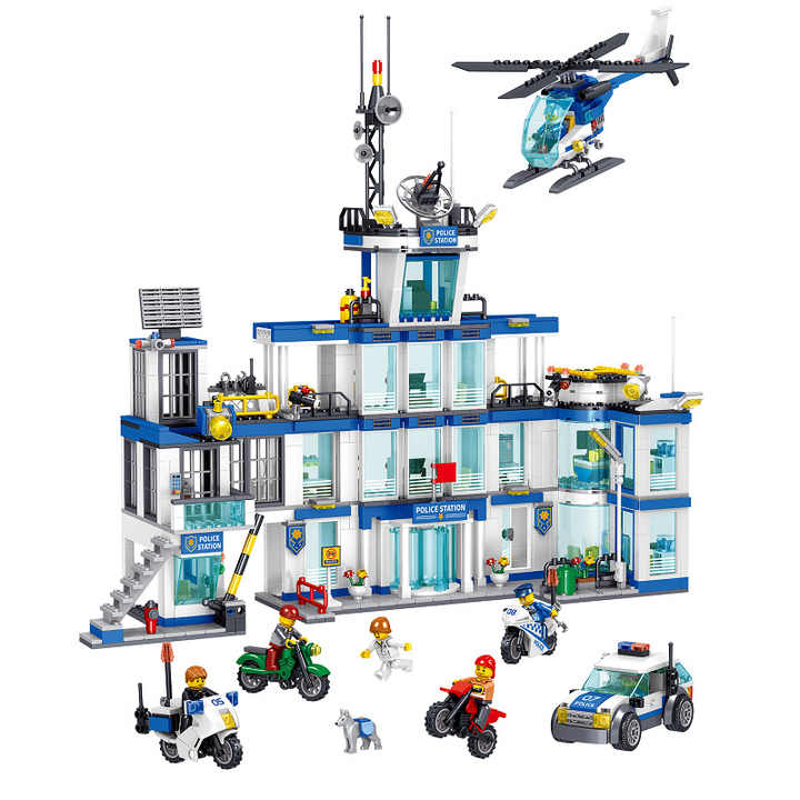Police Station Building Blocks Set with Police Car & Helicopter